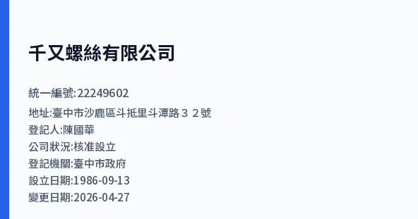 千又螺絲有限公司的照片-統編 22249602(臺中市) 公司登記資料與營業項目詳細圖表