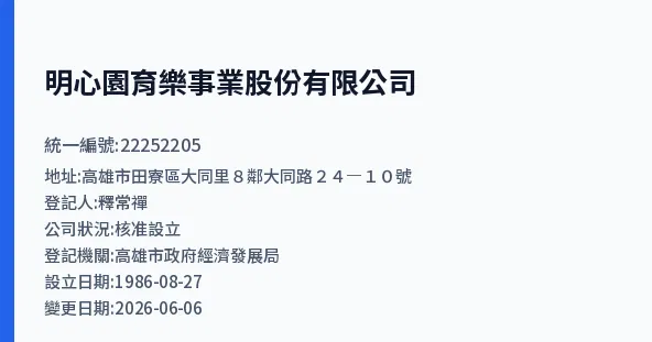 明心園育樂事業股份有限公司的照片-統編 22252205(高雄市) 公司登記資料與營業項目詳細圖表