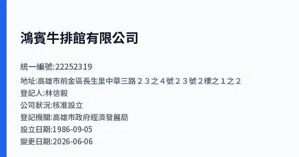 鴻賓牛排館有限公司的照片-統編 22252319(高雄市) 公司登記資料與營業項目詳細圖表