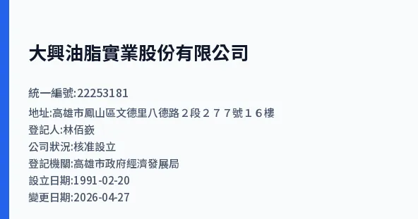 大興油脂實業股份有限公司的照片-統編 22253181(高雄市) 公司登記資料與營業項目詳細圖表