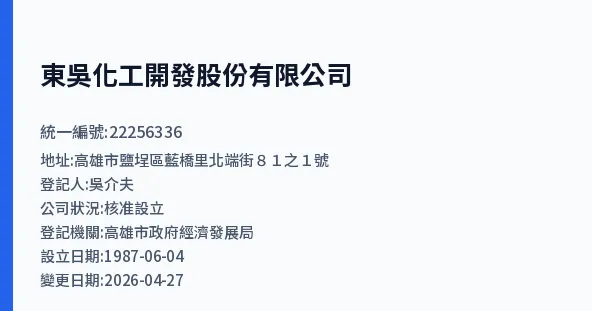 東吳化工開發股份有限公司的照片-統編 22256336(高雄市) 公司登記資料與營業項目詳細圖表
