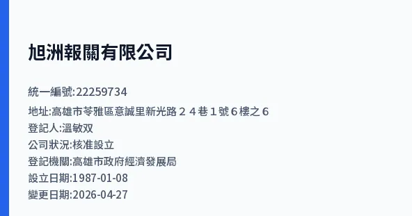 旭洲報關有限公司的照片-統編 22259734(高雄市) 公司登記資料與營業項目詳細圖表