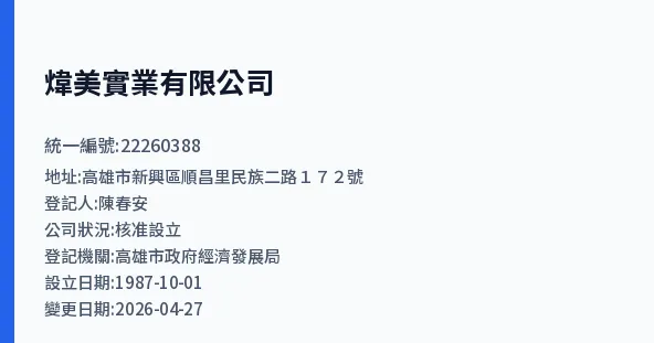 煒美實業有限公司的照片-統編 22260388(高雄市) 公司登記資料與營業項目詳細圖表