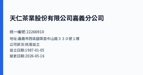 天仁茶業股份有限公司嘉義分公司的照片-統編 22266910(嘉義市) 公司登記資料與營業項目詳細圖表