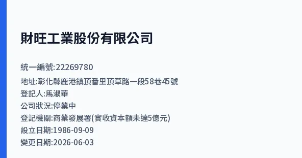 財旺工業股份有限公司的照片-統編 22269780(彰化縣) 公司登記資料與營業項目詳細圖表