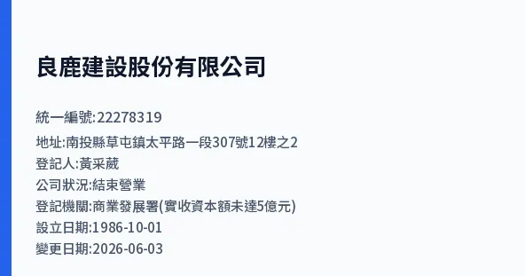 良鹿建設股份有限公司的照片-統編 22278319(南投縣) 公司登記資料與營業項目詳細圖表