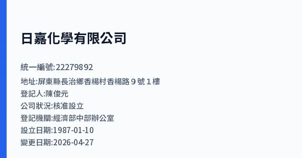 日嘉化學有限公司的照片-統編 22279892(屏東縣) 公司登記資料與營業項目詳細圖表