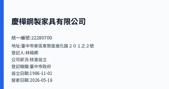 慶樺鋼製家具有限公司的照片-統編 22280700(臺中市) 公司登記資料與營業項目詳細圖表