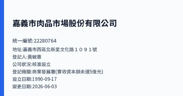 嘉義市肉品市場股份有限公司的照片-統編 22280764(嘉義市) 公司登記資料與營業項目詳細圖表