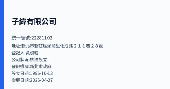 子緯有限公司的照片-統編 22281102(新北市) 公司登記資料與營業項目詳細圖表
