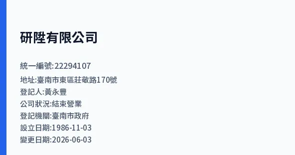 研陞有限公司的照片-統編 22294107(臺南市) 公司登記資料與營業項目詳細圖表