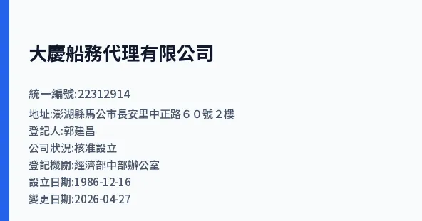 大慶船務代理有限公司的照片-統編 22312914(澎湖縣) 公司登記資料與營業項目詳細圖表