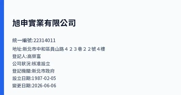旭申實業有限公司的照片-統編 22314011(新北市) 公司登記資料與營業項目詳細圖表