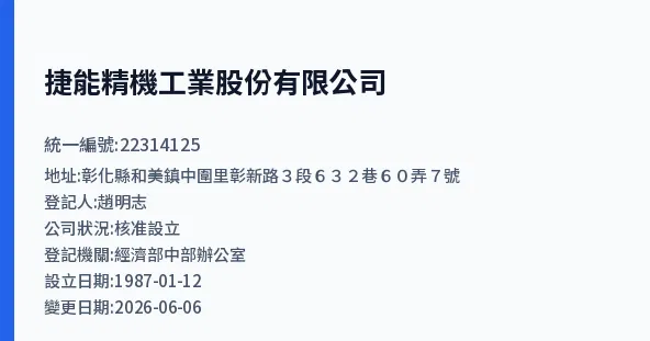 捷能精機工業股份有限公司的照片-統編 22314125(彰化縣) 公司登記資料與營業項目詳細圖表