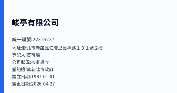峻亭有限公司的照片-統編 22315237(新北市) 公司登記資料與營業項目詳細圖表