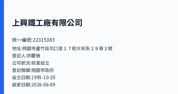 上興鐵工廠有限公司的照片-統編 22315383(桃園市) 公司登記資料與營業項目詳細圖表