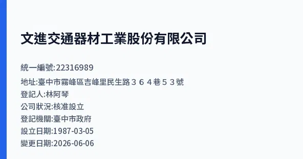 文進交通器材工業股份有限公司的照片-統編 22316989(臺中市) 公司登記資料與營業項目詳細圖表