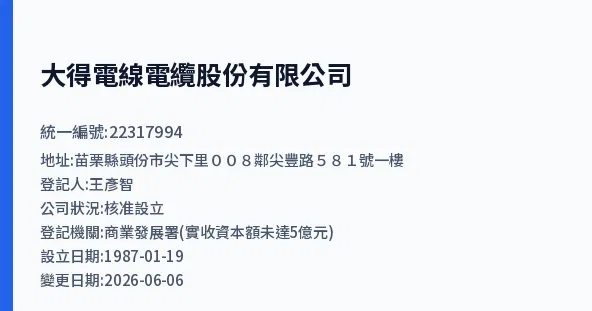大得電線電纜股份有限公司的照片-統編 22317994(苗栗縣) 公司登記資料與營業項目詳細圖表