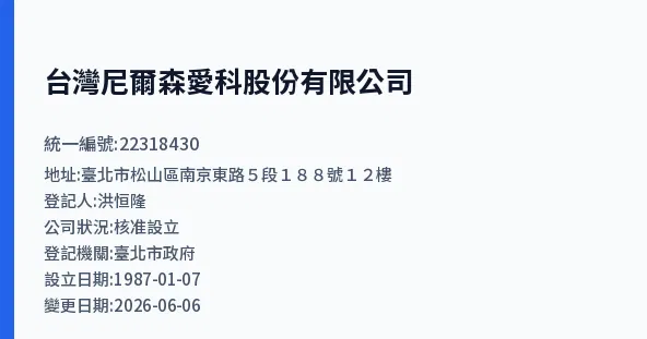 台灣尼爾森愛科股份有限公司的照片-統編 22318430(臺北市) 公司登記資料與營業項目詳細圖表