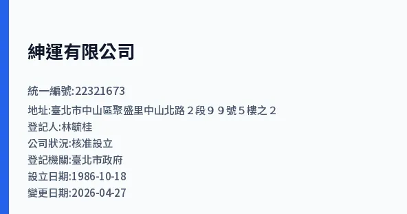 紳運有限公司的照片-統編 22321673(臺北市) 公司登記資料與營業項目詳細圖表
