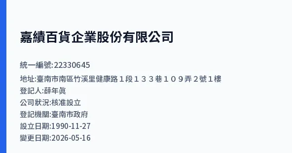嘉績百貨企業股份有限公司的照片-統編 22330645(臺南市) 公司登記資料與營業項目詳細圖表