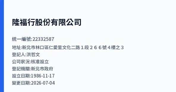 隆福行股份有限公司的照片-統編 22332587(新北市) 公司登記資料與營業項目詳細圖表
