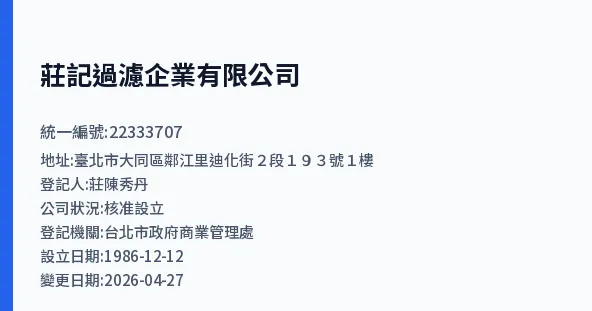 莊記過濾企業有限公司的照片-統編 22333707(臺北市) 公司登記資料與營業項目詳細圖表