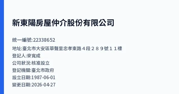 新東陽房屋仲介股份有限公司的照片-統編 22338652(臺北市) 公司登記資料與營業項目詳細圖表