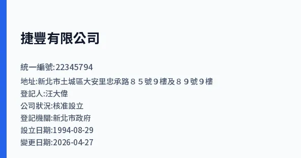 捷豐有限公司的照片-統編 22345794(新北市) 公司登記資料與營業項目詳細圖表