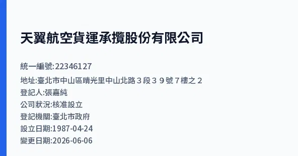 天翼航空貨運承攬股份有限公司的照片-統編 22346127(臺北市) 公司登記資料與營業項目詳細圖表