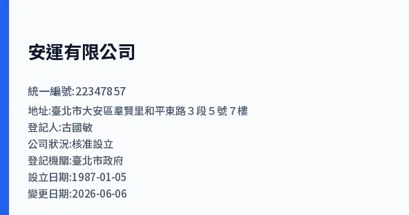 安運有限公司的照片-統編 22347857(臺北市) 公司登記資料與營業項目詳細圖表