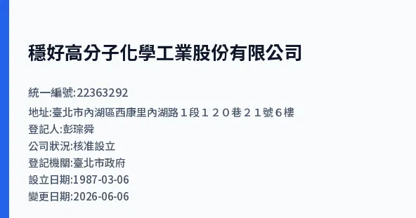 穩好高分子化學工業股份有限公司的照片-統編 22363292(臺北市) 公司登記資料與營業項目詳細圖表