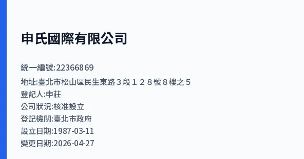 申氏國際有限公司的照片-統編 22366869(臺北市) 公司登記資料與營業項目詳細圖表