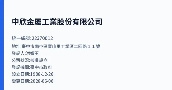 中欣金屬工業股份有限公司的照片-統編 22370012(臺中市) 公司登記資料與營業項目詳細圖表