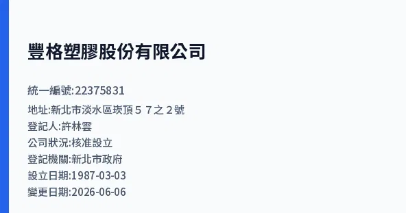 豐格塑膠股份有限公司的照片-統編 22375831(新北市) 公司登記資料與營業項目詳細圖表