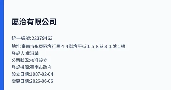 屬治有限公司的照片-統編 22379463(臺南市) 公司登記資料與營業項目詳細圖表