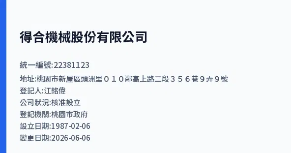 得合機械股份有限公司的照片-統編 22381123(桃園市) 公司登記資料與營業項目詳細圖表
