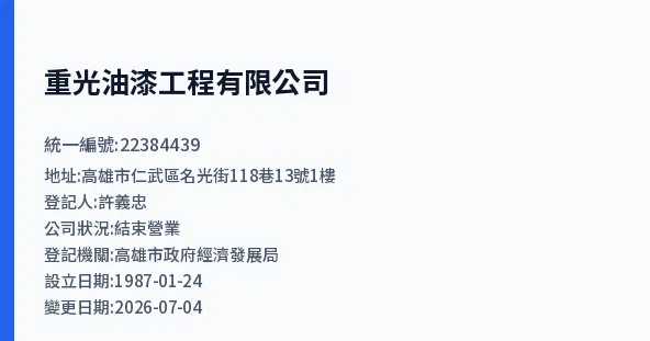 重光油漆工程有限公司的照片-統編 22384439(高雄市) 公司登記資料與營業項目詳細圖表