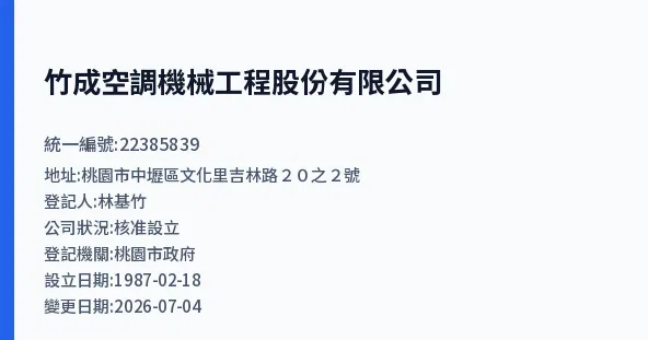 竹成空調機械工程股份有限公司的照片-統編 22385839(桃園市) 公司登記資料與營業項目詳細圖表