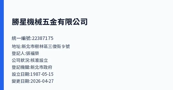 勝星機械五金有限公司的照片-統編 22387175(新北市) 公司登記資料與營業項目詳細圖表