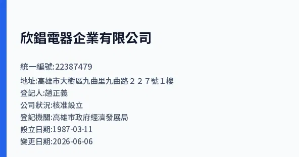 欣錩電器企業有限公司的照片-統編 22387479(高雄市) 公司登記資料與營業項目詳細圖表