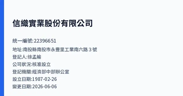 信織實業股份有限公司的照片-統編 22396651(南投縣) 公司登記資料與營業項目詳細圖表