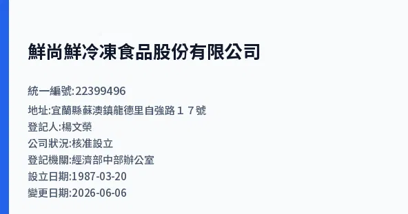 鮮尚鮮冷凍食品股份有限公司的照片-統編 22399496(宜蘭縣) 公司登記資料與營業項目詳細圖表