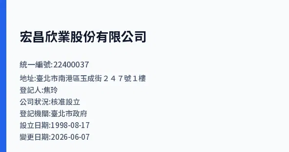 宏昌欣業股份有限公司的照片-統編 22400037(臺北市) 公司登記資料與營業項目詳細圖表