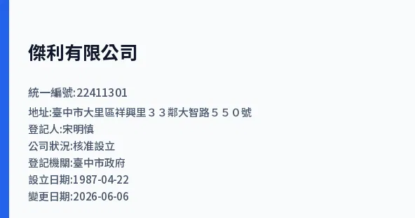 傑利有限公司的照片-統編 22411301(臺中市) 公司登記資料與營業項目詳細圖表