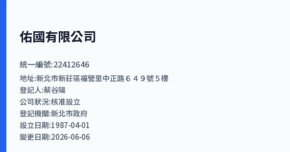 佑國有限公司的照片-統編 22412646(新北市) 公司登記資料與營業項目詳細圖表
