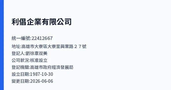利倡企業有限公司的照片-統編 22412667(高雄市) 公司登記資料與營業項目詳細圖表