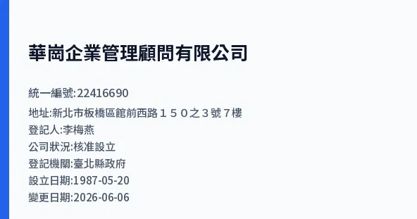 華崗企業管理顧問有限公司的照片-統編 22416690(新北市) 公司登記資料與營業項目詳細圖表