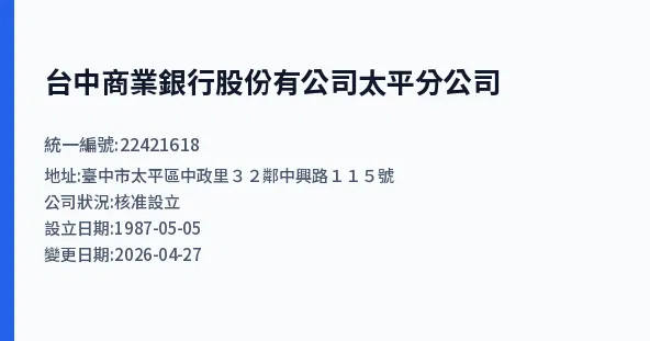 台中商業銀行股份有公司太平分公司的照片-統編 22421618(臺中市) 公司登記資料與營業項目詳細圖表