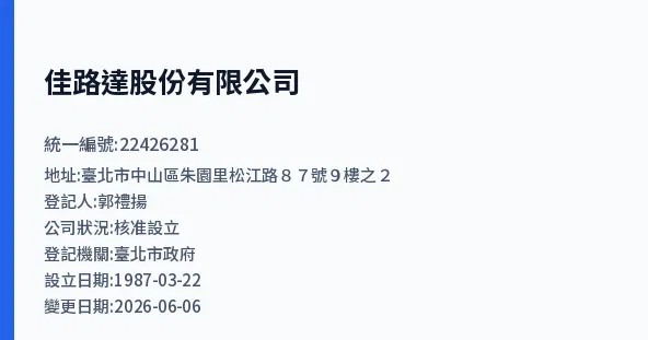 佳路達股份有限公司的照片-統編 22426281(臺北市) 公司登記資料與營業項目詳細圖表